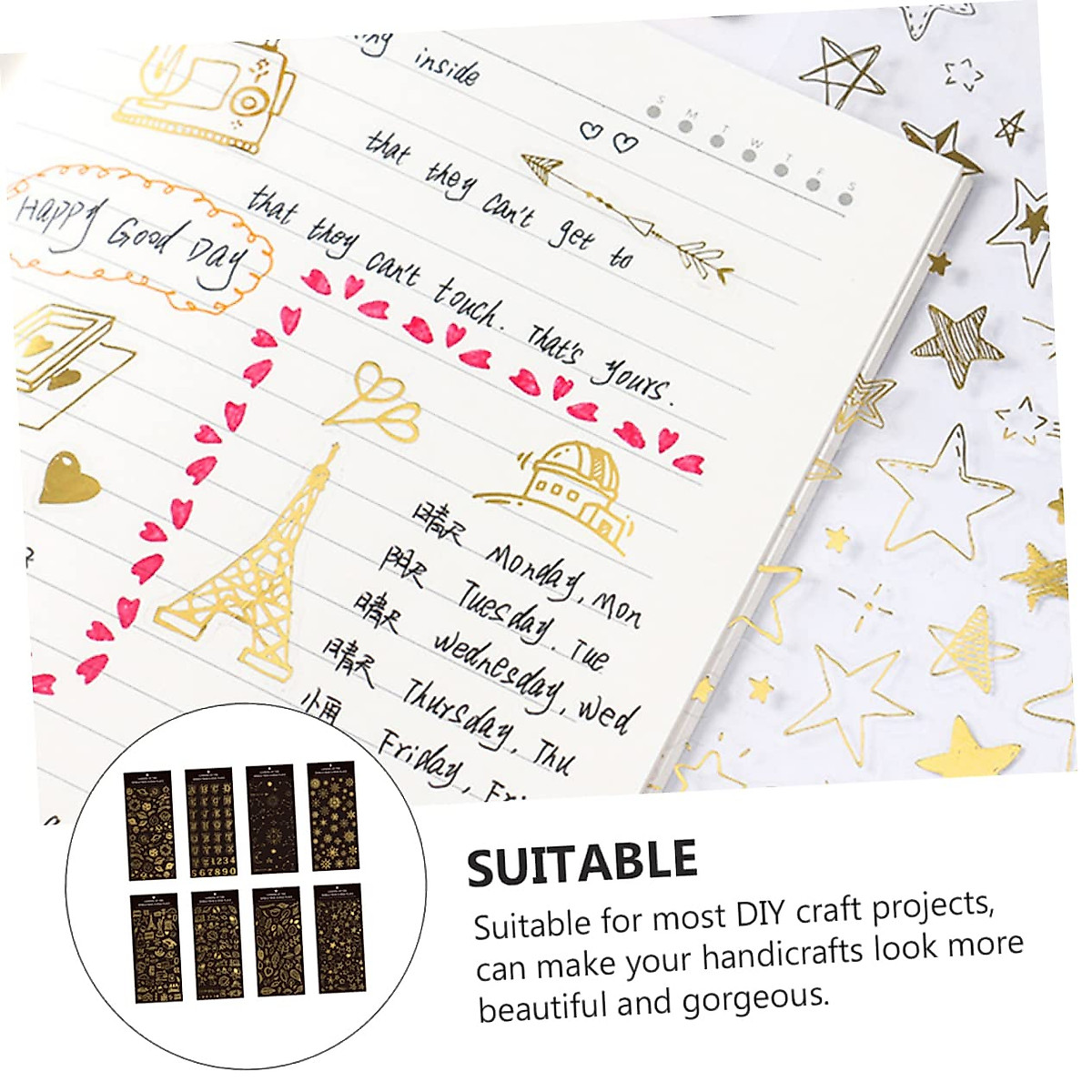 8 Sheets DIY Bronzing Stickers DIY Suitcase Stickers Decorative Decals Diary Decorative Sticker DIY Decals Scrapbook Stickers DIY Stickers Hand Account Stickers Phone Case Decals