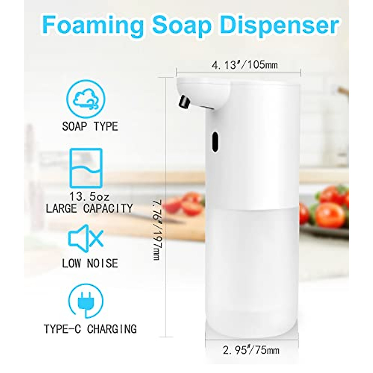 Josnown Automatic Foaming Soap Dispenser - 4 Gear Foaming Adjustable, USB Rechargeable, IPX5, Wall Mounted Sticker Available - 13.5oz/400ML Touchless Hand & Dish Soap Dispenser for Bathroom Kitchen