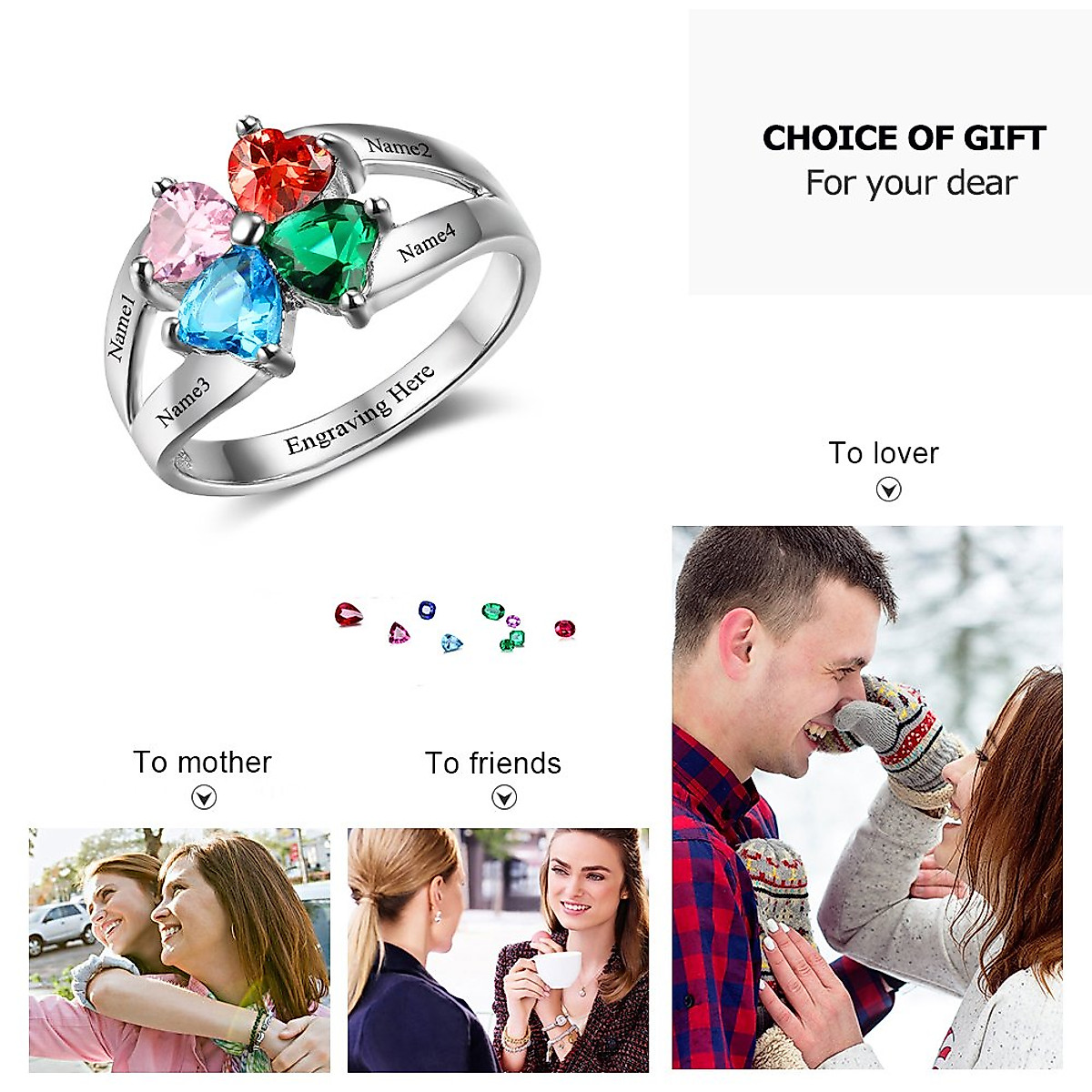 Personalized Mothers Ring with 4 Simulated Birthstones Engraved Names Family Rings Mom Jewelry for Women (10)