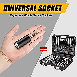 PAUGGE Universal Super Socket, Cool Gadgets Tools Birthday Gifts for Men Dad Boyfriend Husband Him Handyman, Socket Set with Multifunction Adapter to Unscrew Any Bolt(7-19mm) - Black