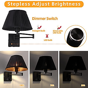 Plug in Wall Sconce 17"Swing Arm Wall Lamp with Plug in Cord and Dimmable Switch Black Sconces Wall Lighting with USB Port and AC Outlet Wall Mounted Lamp Suitable for Bedroom Living Room hallway.