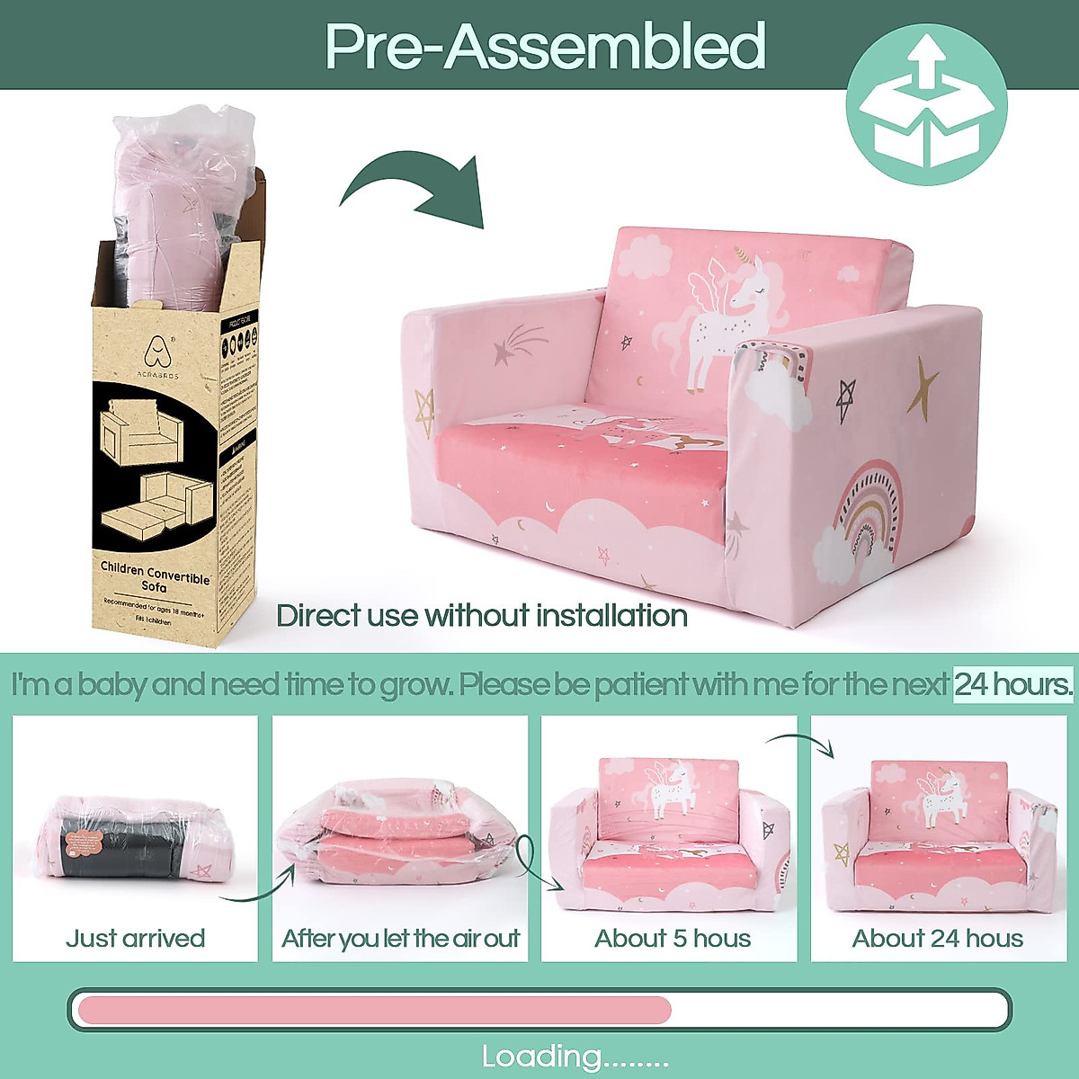 ACRABROS Kids Couch: Toddler Sofa Bed Fold Out for Gilrs Boys Baby Flip Out Convertible Lounge Chair Unicorn