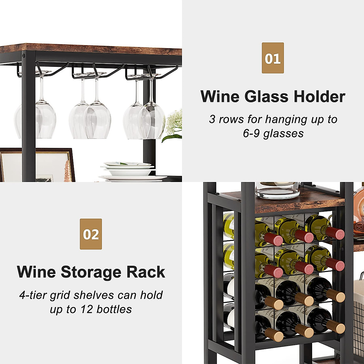 Tribesigns Wine Rack Freestanding Floor, 5-Tier Wine Baker Rack with Glass Holder & Wine Storage, Industrial Wine Display Shelf Wine Bar Cabinet for Bar, Kitchen, Dining Room, Rustic Brown