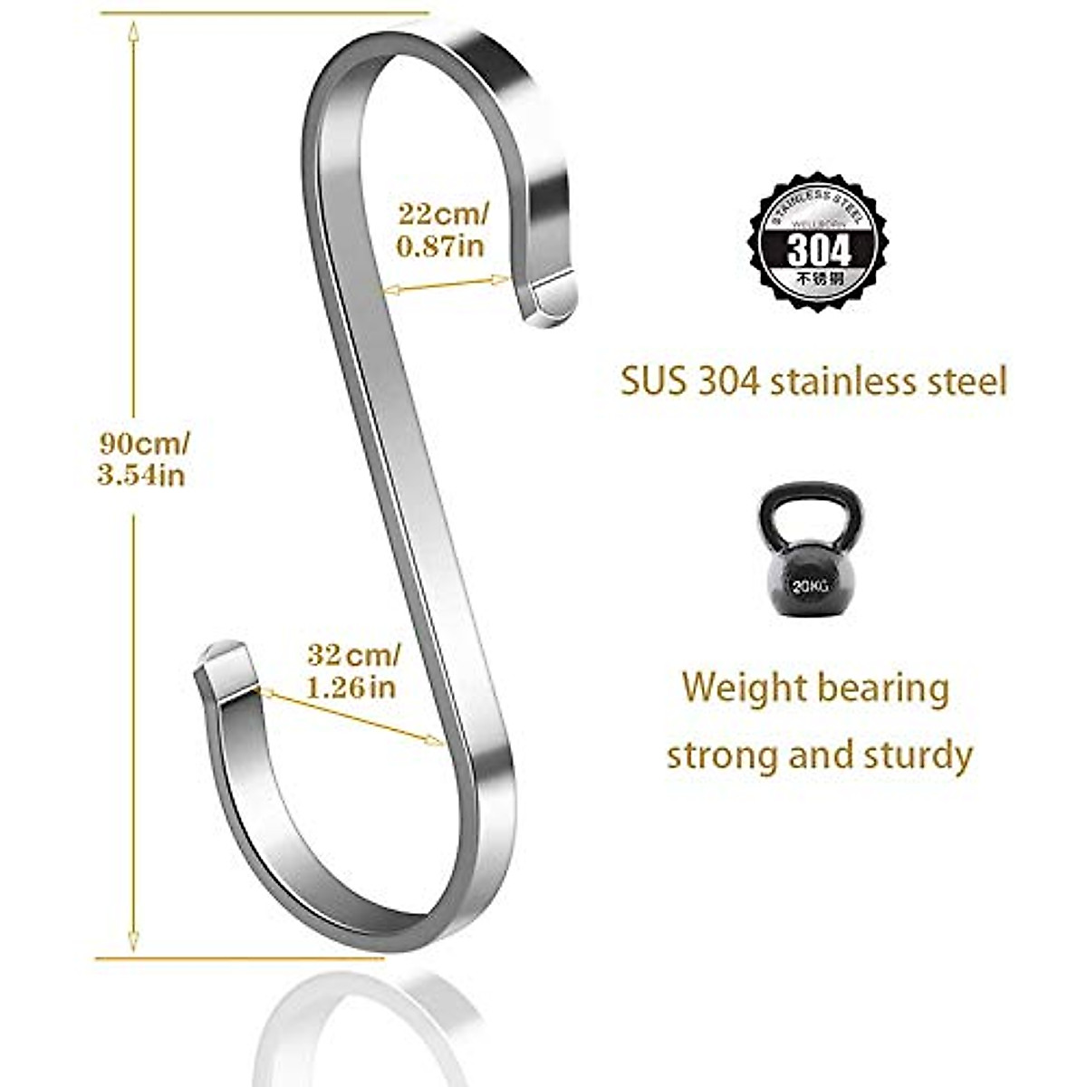 S-Shaped Hooks Heavy Duty 6 Packs,304 Stainless Steel Hook,Multi-Functional Flat Hook, S Hook,Hooks Closet,Hooks Plants,Hooks for Hanging Pot,Pan,Cups, Plants,Bags, Jeans,Towels (3.54 inch)