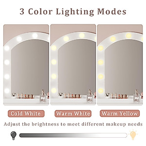 ALEXNUTRE Makeup Vanity Desk with Mirror and Lights, Vanity with Power Outlet, 3 Lighting Color Adjustable for Bedroom, Large Drawers and Storage Shelves, White