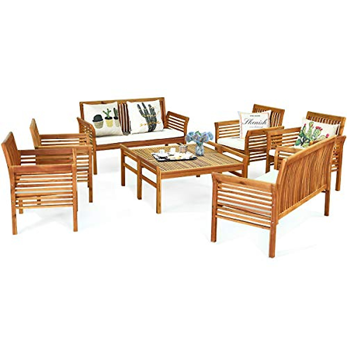 Tangkula 4 Piece Outdoor Acacia Wood Sofa Set w/Water Resistant Cushions, Padded Patio Conversation Table Chair Set w/Coffee Table for Garden, Backyard, Poolside (2)