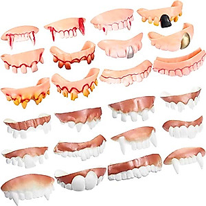 Fake Teeth Vampire Teeth Gnarly Teeth Gag Teeth Ugly Teeth Joke Teeth Denture Funny Teeth Costume for April Fool‘s Day Party Favors, 24 Pieces (Blood Style, Classic Style)