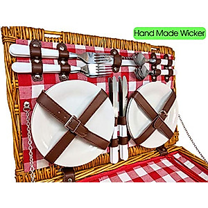 Nature Gear Upgraded 4 Person XL Picnic Basket (4 Person, Red & White)