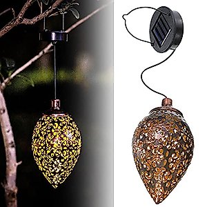 HuiDao Hanging Solar Lights Outdoor Waterproof Decorative Solar Garden Lantern LED Hanging Metal Olive Shape Lamp for Garden Patio Yard Lawn Path Decor (Hanging Style)