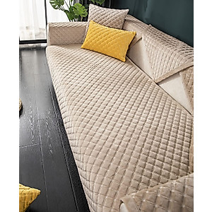 vctops Luxury Velvet Couch Sofa Cover Soft Plush Sectional Couch Covers Plaid Nonslip Sofa Slipcover for Dogs Cats Pet Love Seat Recliner Leather L Shaped, Armrest Backrest Cover (Camel,28"x47")