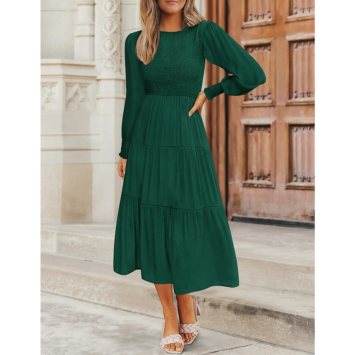 ZESICA Women's Casual Long Sleeve Crew Neck High Waist Smocked Flowy Tiered Midi Dress,DarkGreen,Large