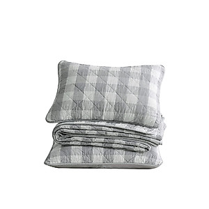 Chezmoi Collection 3-Piece Gray White Plaid Cotton Quilt Set - Buffalo Check Solid Reversible Bedspread - Pre-Washed Cotton Lightweight Coverlet, King Size
