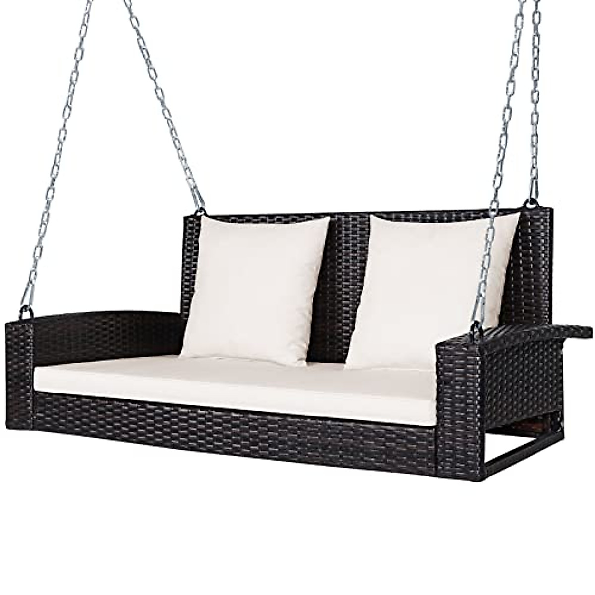 Tangkula 2-Person Wicker Hanging Porch Swing, Patiojoy Outdoor Rattan Swing Bench W/ 2 Back Cushions & 1 Seat Cushion, Sturdy Steel Chain, 800lbs Weight Capacity, Suitable for Deck, Backyard, Garden
