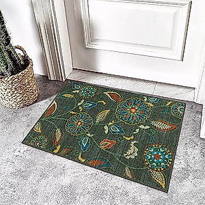 KIMODE Floral Indoor Door Mat 20''x32'', Green Washable Small Rugs for Entryway,Low-Pile Modern Abstract Doormat Indoor,Non-Slip Leaf Throw Rug Floor Carpet for Kitchen/Entrance