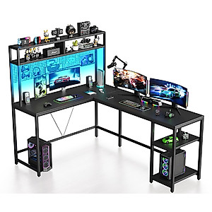 VEELOK L Shaped Gaming Desk with Hutch Pegboard LED Lights (Black)