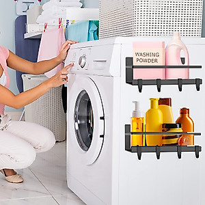 Arinster 2 Pack Magnetic Spice Rack Organizer - Single Tier Magnetic Spice Rack for Refrigerator with 8 Removable Hooks, Strong Magnetic Shelf for Kitchen,Metal Cabinet (Black)