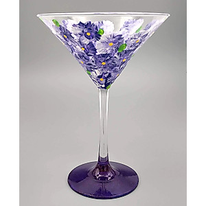 Purple Flowers Hand Painted Martini Glass - Sparkly Purple, Pretty Flower Cocktail Glass