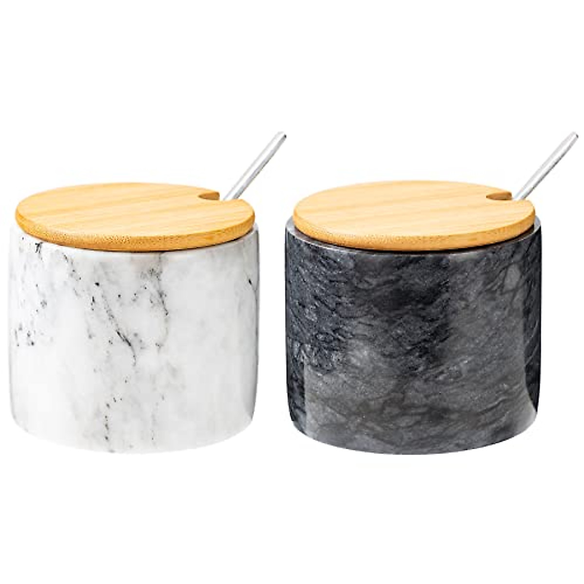 NHKRTE Marble Salt Cellar Set, 2 PCS 11oz Salt and Pepper bowls, Handcrafted from Natural Marble Gift for Mothers Day(White & Black Set)