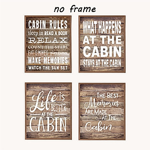 VNWEK Cabin Rules Life Is Better At The Cabin Wood Grain Wall Art Poster Prints Unframed 8”x10”Set Of 4,Cabin Themed Decorations for Home Cabin Front Porch Lake House Porch,Cabin Lovers Gifts