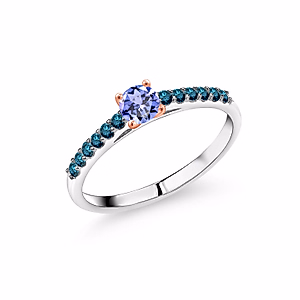 Gem Stone King 0.50 Ct 4mm Round Blue Tanzanite Blue Diamond 925 Silver and 10K Rose Gold Ring (Size 7)