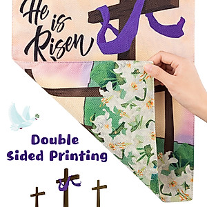 WATINC He is Risen Garden Flag Easter Cross Burlap Matthew 28:6 Vertical House Flag Double Sided Happy Easter Religious Jesus Christian Party Decorations Supplies for Lawn Yard Outdoor 12 x 18 In