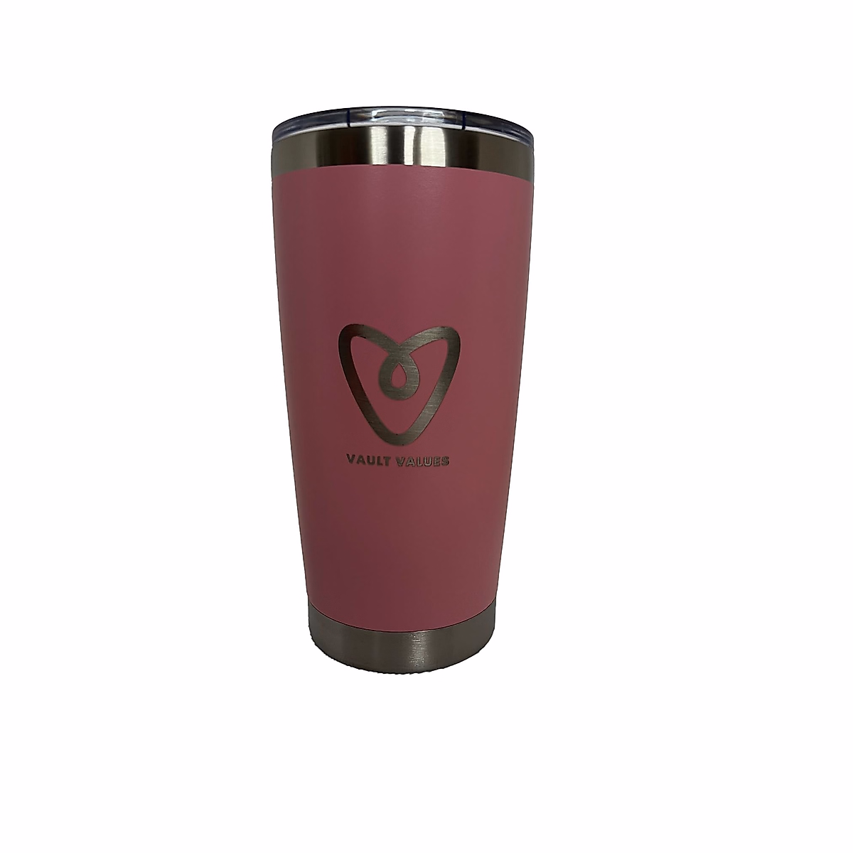 Vault Values 20 oz. Insulated Tumbler. Double Wall. Stainless Steel, Slide Lid with Straw opening COMBO Lid. Available in 5 colors - White, Pink, BLACK, Red, Blue. Hot/Cold. Straw NOT included.