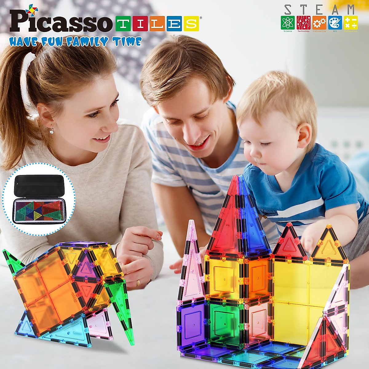 PicassoTiles 101pcs Magnetic Building Block Toy + Case Set Magnet Tile Construction Blocks for Ages 3 and Up Educational Kit Child Brain Development Learning Playset in Portable Travel Carry Bin