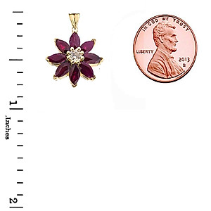 Exotic 10k Yellow Gold Daisy Diamond and Ruby Flower Pendant