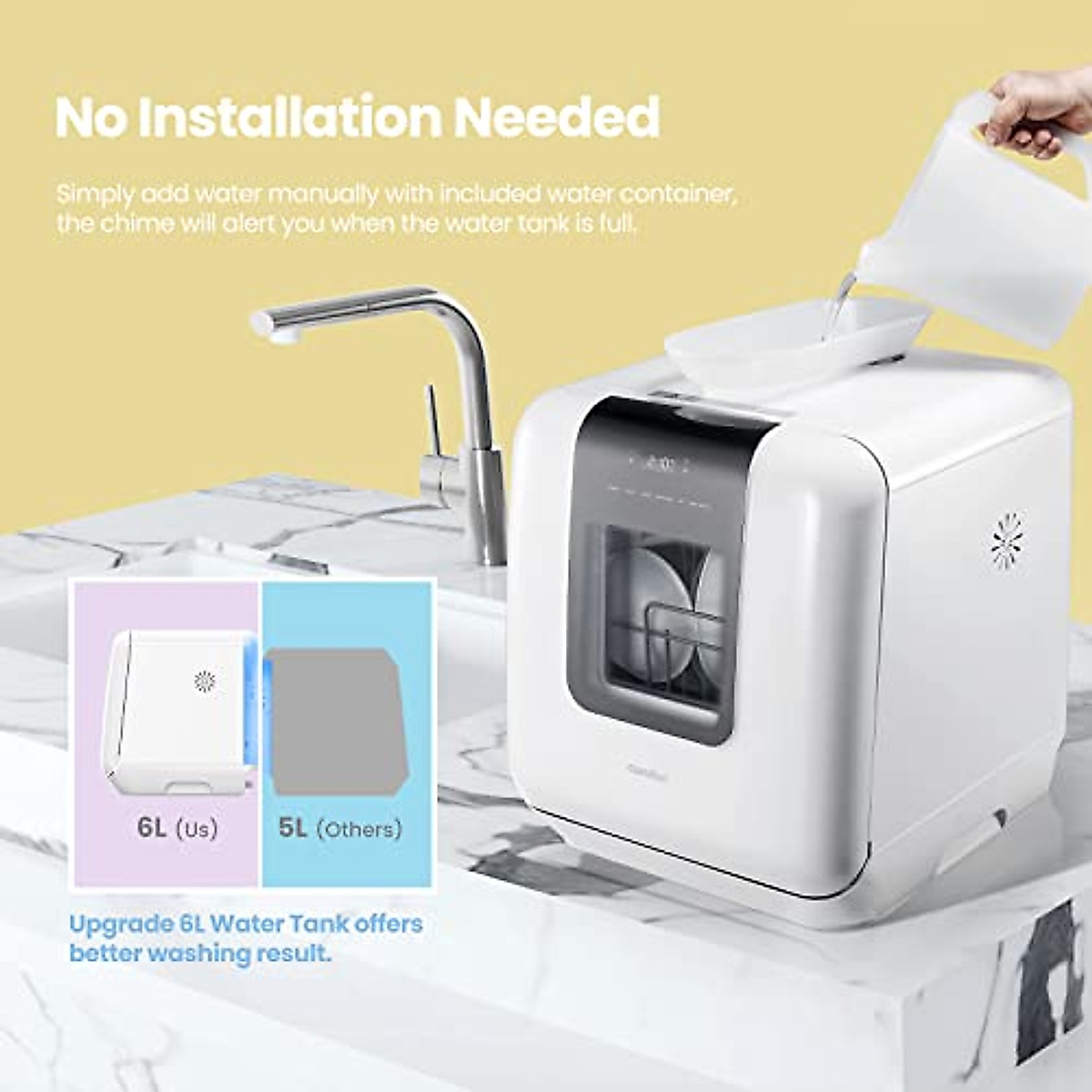 COMFEE' Countertop Dishwasher, Portable Dishwasher with 6L Built-in Water Tank, 7 Programs, UV Hygiene& Auto Door Open, for Apartments, Dorms& RVs & Cascade Platinum Dishwasher Pods, Lemon, 62 Count