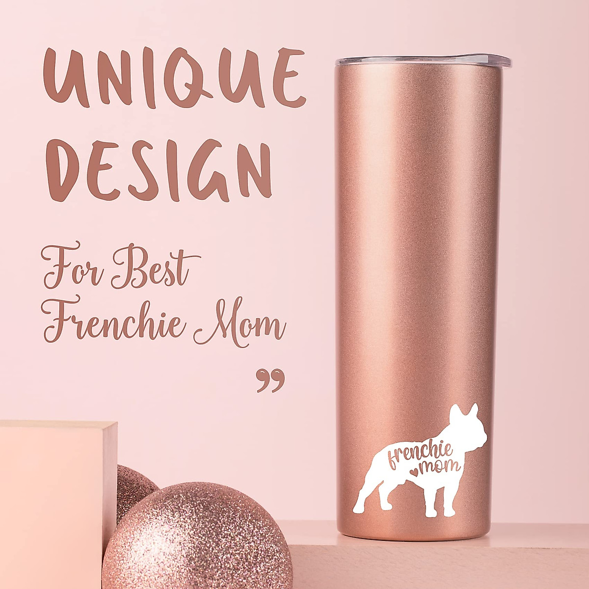 Onebttl French Bulldog Gifts for Women, Best Frenchie Mom Gifts for Birthday, Unique Dog Mom Gifts for Frenchie Mama, Rose Gold Stainless Steel Insulated Tumbler 20 oz - Frenchie Mom