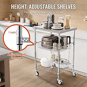 VEVOR Kitchen Utility Cart, 3 Tiers, Wire Rolling Cart with 470LBS Capacity, Steel Service Cart on Wheels, Metal Storage Trolley with 76mm Basket Curved Handle PP Liner 6 Hooks, for Indoor and Outdoor