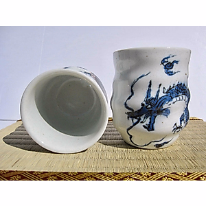 Mino Ware Japanese Sushi Yunomi Tea cups 9.47 Onces Authentic Dragon Red and Blue for Hot Green Tea Matcha Tea Bancha Set of 2 from Japan