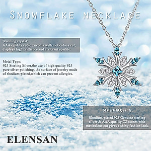 Elensan Women's 925 Sterling Silver Blue Crystals Snowflake Pendant Fashion Necklace Collarbone Chain