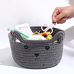 Cat Basket Storage Woven Basket Organizer with Ears Decorative Pet Toy Cute Basket Cotton Rope Basket for Gifts Cat Dog Toy Bin Nursery Room Kids Toy (Gray, 8.3 x 4.7 Inch)