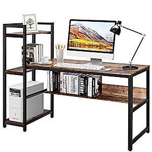 Tangkula 59-Inch Computer Desk with Bookshelf, Home Office Desk with Storage Bookshelf, Metal Frame & Adjustable Foot Pads, Space Saving Computer Workstation Study Writing Desk