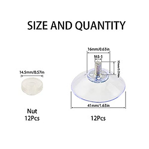 Rrina 12Pcs PVC Suction Cups with Screws M5 Thread Transparent 1.6" Diameter Sucker Cup with Knurled Nut for Bathroom Kitchens