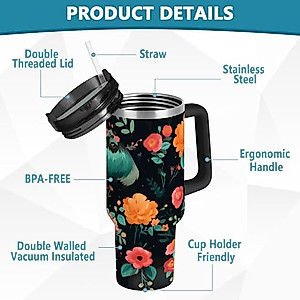 Bokkoy Llama with Floral Decor Pattern 40 oz/30 oz Tumbler with Handle and Straw Stainless Steel Tumbler with Lid Reusable Vacuum Insulated Cup