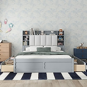 Rhomtree Queen Size Platform Bed, Storage Bed with Storage Headboard, Shelves and 4 Drawer, Wood Bed Frame, Platform Bed, No Box Spring Needed, Easy Assembly(Gray, Queen)