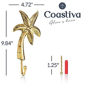 Coastiva Brass Palm Tree Decorative Wall Hook, Coastal Home Decor for Towel Holder in Bathroom, Wall Mounted Nautical Style Hooks for Hanging Coat, Robe, Bag, Towels, Hat, Purse and Key