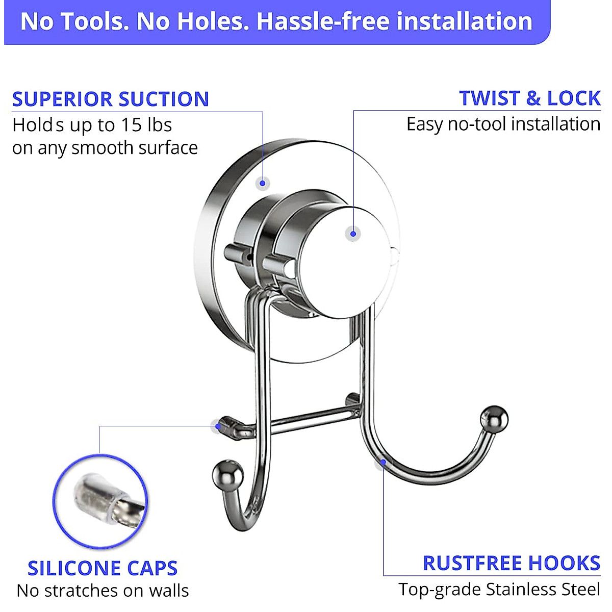 HOME SO Suction Cup Hooks for Shower, Bathroom, Kitchen, Glass Door, Mirror, Tile – Loofah, Towel, Coat, Bath Robe Hook Holder for Hanging up to 15 lbs – Rustproof Chrome Stainless Steel (1-Pack)