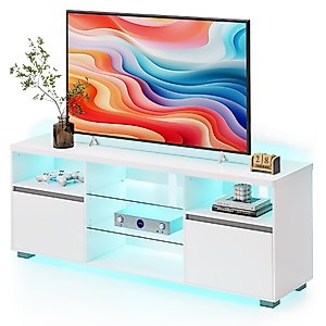 VASAGLE TV Stand with LED Lights for TVs up to 70 Inch, Entertainment Center with Open Glass Shelves, 2 Cabinets with Doors, 63-Inch Long, TV Console for Bedroom Living Room, White ULTV330T10