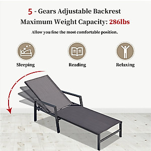 VARVIND Outdoor Patio Lounge Chair Set of 2, Aluminum Chaise Lounge Outdoor with 5 Adjustable Backrest Positions, Outdoor Patio Chaise Lounge Chairs Suitable for Backyard, Balcony, Poolside (Grey)