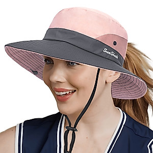 Womens Beach Sun Hat Mesh High Ponytail Hole Wide Brim UV Protection Bucket Hat Outdoor Fishing Cap Summer 22.5" (as1, Alpha, m, Pink)