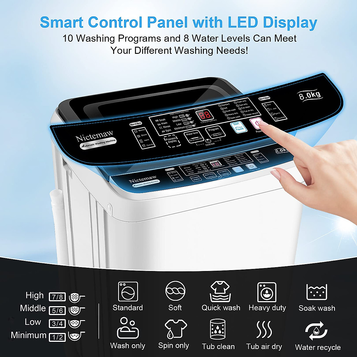 17.8Lbs Portable Washing Machine, 2.3 Cu.ft Portable Washer with Drain Pump, Faucet Adaptor, 10 Wash Programs/8 Water Levels Compact Laundry Washer and Dryer Combo for Apartment RV Dorm