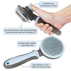 FYY Dog and Cat Brush for Shedding, Self Cleaning Dog Grooming Brush Pet Slicker Brush for Long or Short Haired Dogs Cats Grooming Supplies Blue
