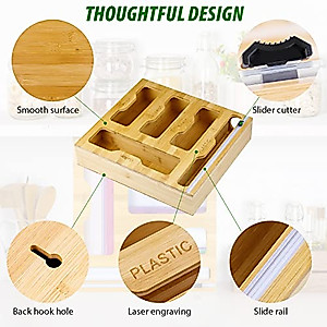 Plastic Bag Organizer for Kitchen Drawer, Bamboo Baggie Organizer and Wrap Dispenser with Cutter, Bag storage organizer Compatible with Gallon Quart Sandwich Solimo Glad Snack Variety Size Bag