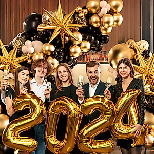 Black and Gold Balloons Garland Arch Kit, Black and Gold Party Decorations with Black White Balloons Gold Confetti Latex Balloons for 2024 Graduation Decorations Anniversary Birthday Party Decorations