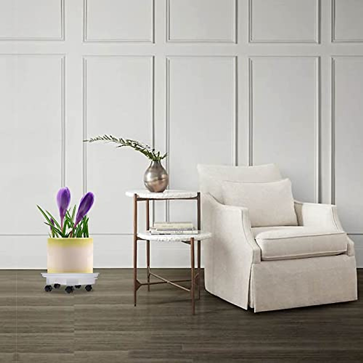 Finderomend Pair of 17.7" Extra-Large Plant Caddies, Plant Stand with 5 Wheels, Round Flower Pot Mover Plant Saucer Pot with Water Container,Rolling Dolly Garden Large Rolling Tray (White)