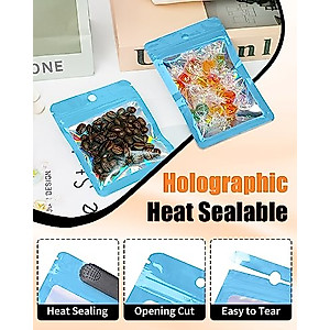 Holographic Bags Packaging Bags 300 PCS Blue Resealable Bags with Clear Window for Food Storage Small Business (Outer Size 3.54x5.31 Inch/Inner Size 3x4 Inch)