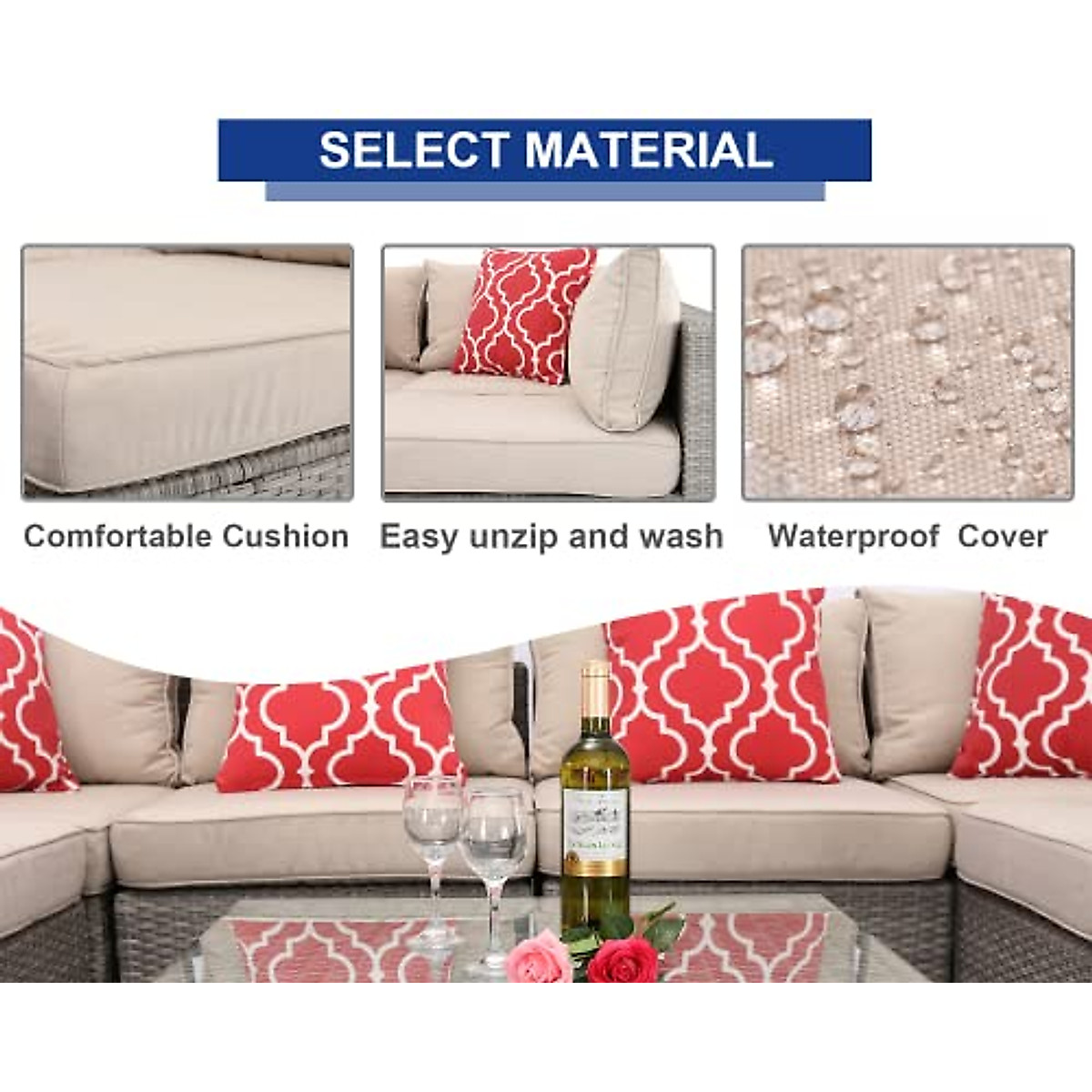 BPTD 7 Piece Patio Furniture Sets Outdoor Sectional Sofa Rattan Patio Conversation Set PE Rattan Wicker Outside Couch with Table and Cushions for Porch Lawn Garden Backyard (Sandy Brown)